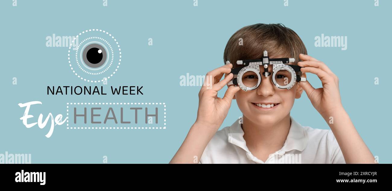 Banner for National Eye Health Week with little boy in optical trial ...