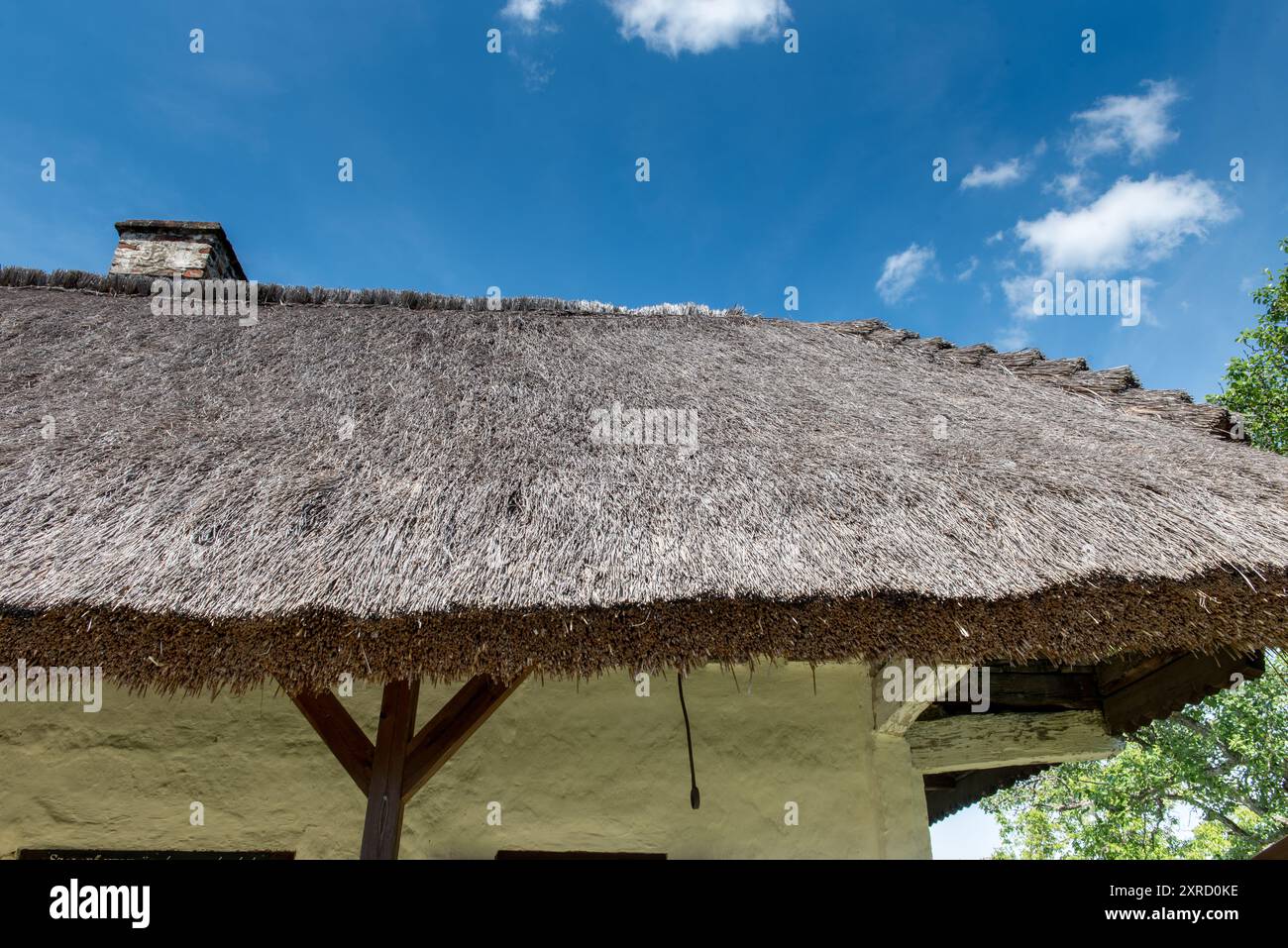 Old reed roof over blue sky background Stock Photo - Alamy