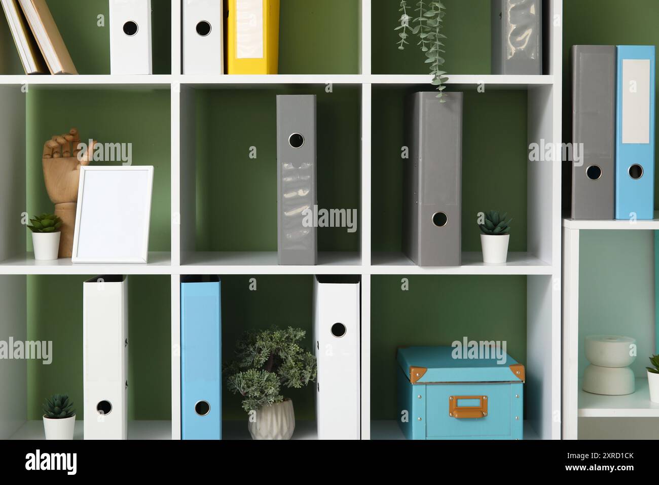 Shelf unit with document folders and plants near green wall Stock Photo ...