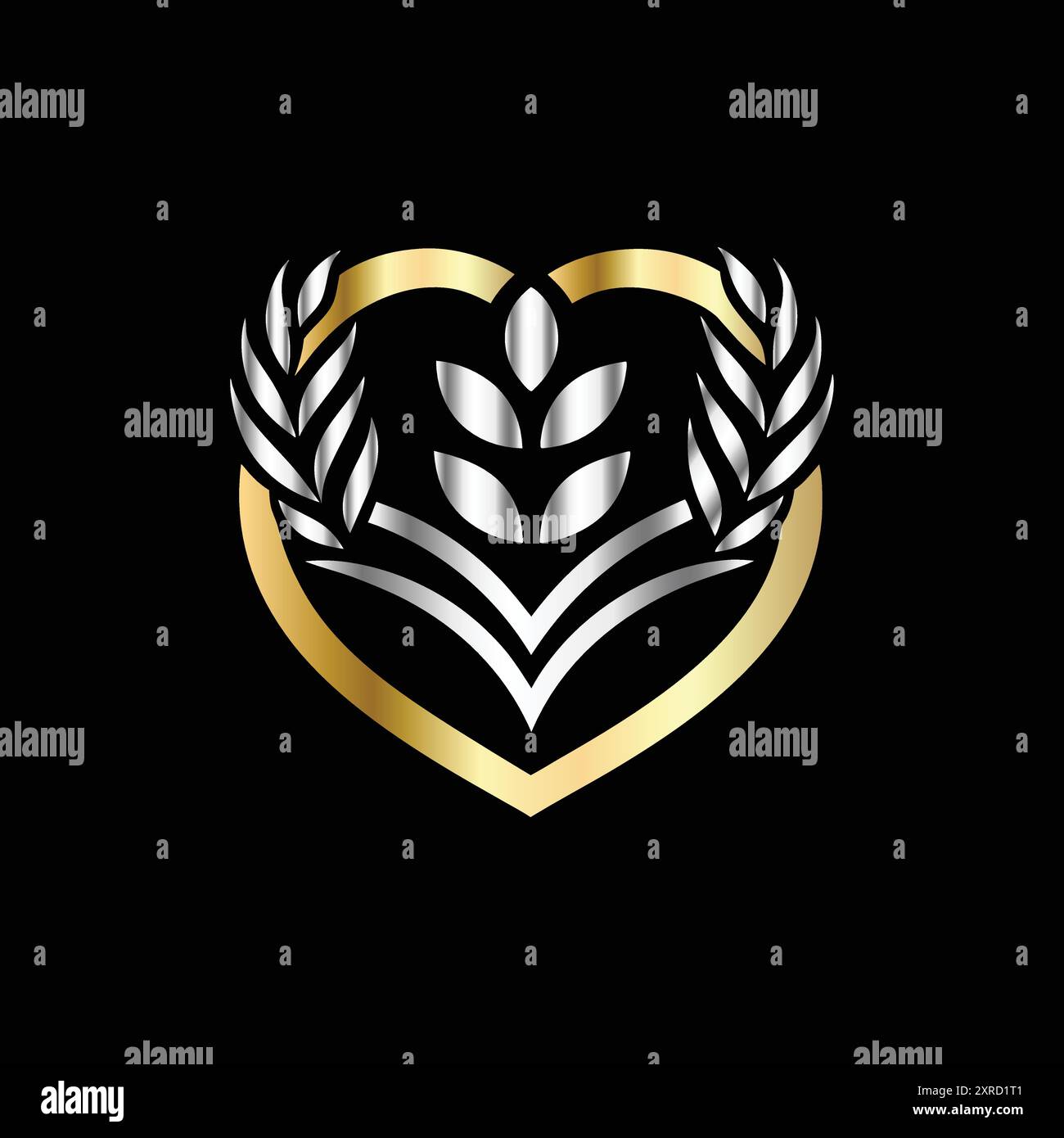 Gold and silver wheat heart on black background.Ears of wheat in a ...