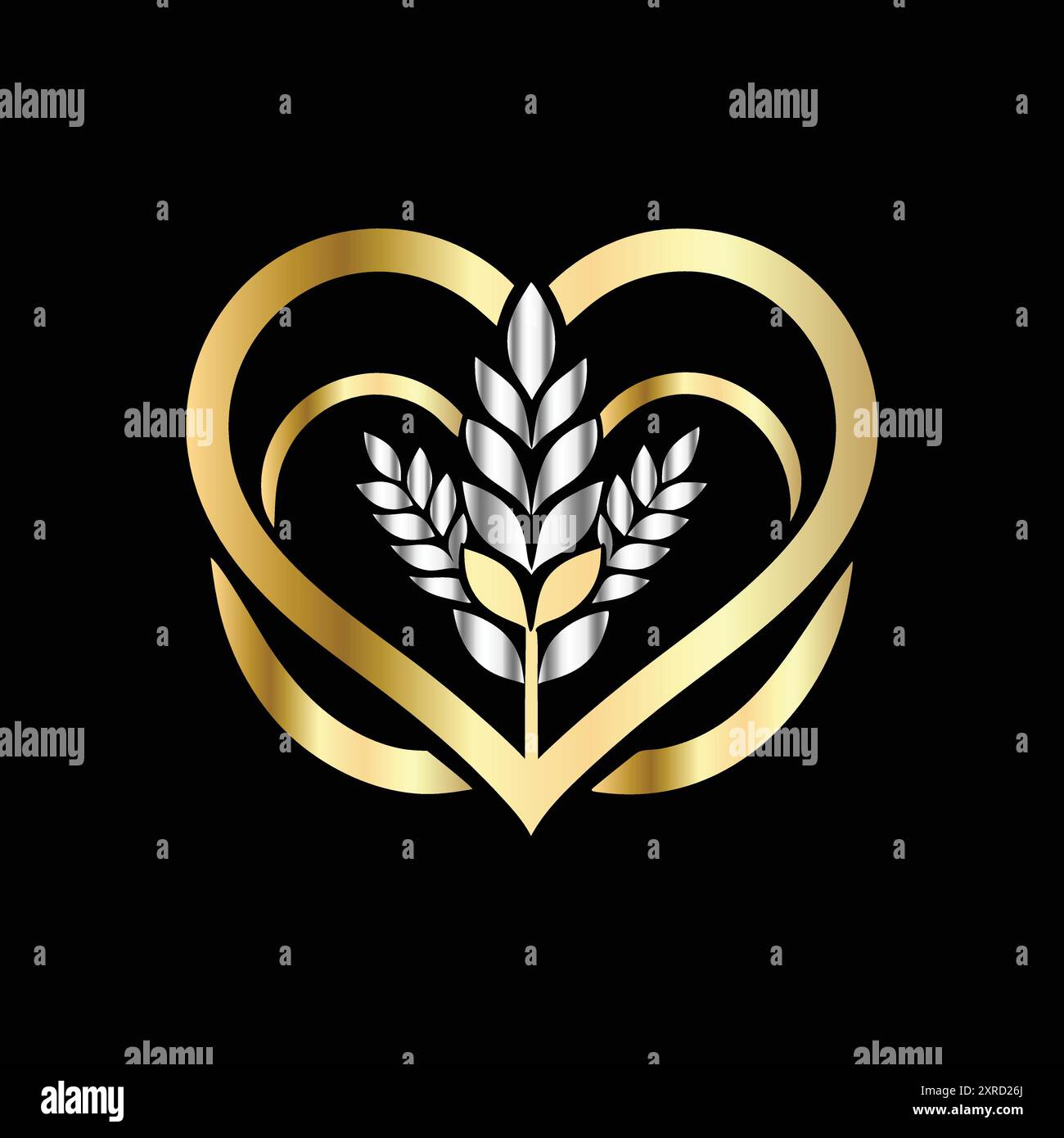 Gold and silver wheat heart on black background.Ears of wheat in a ...