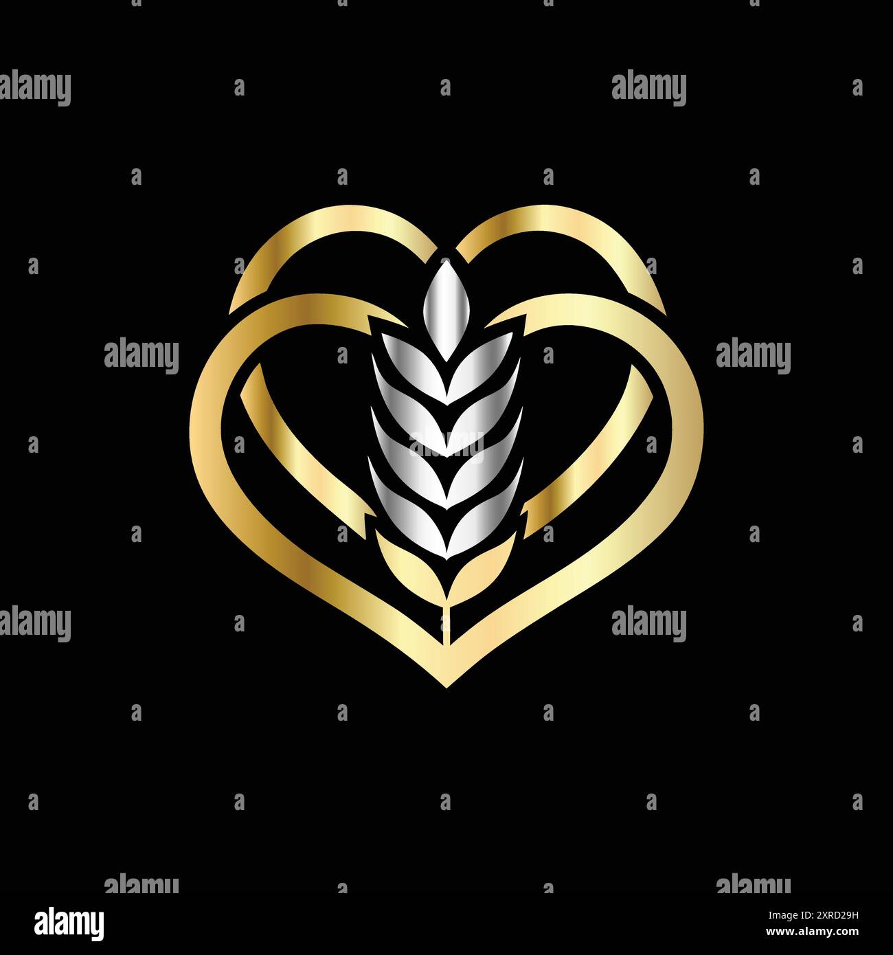 Gold and silver wheat heart on black background.Ears of wheat in a ...