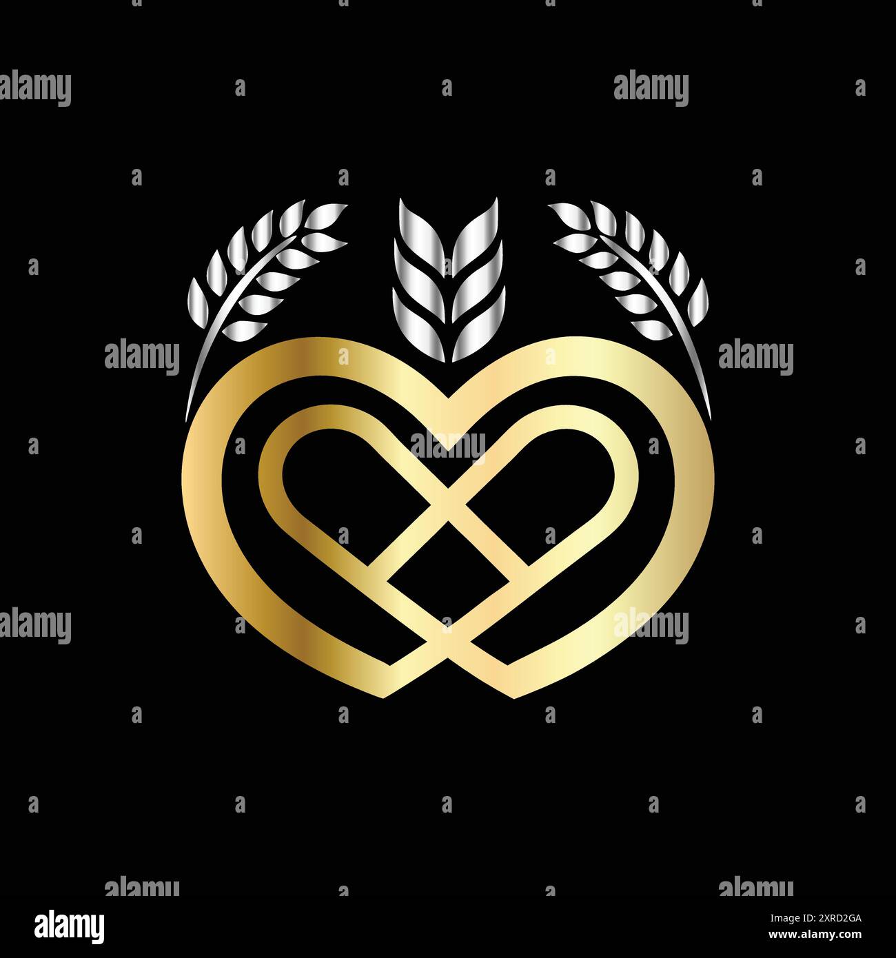 Gold and silver wheat heart on black background.Ears of wheat in a ...