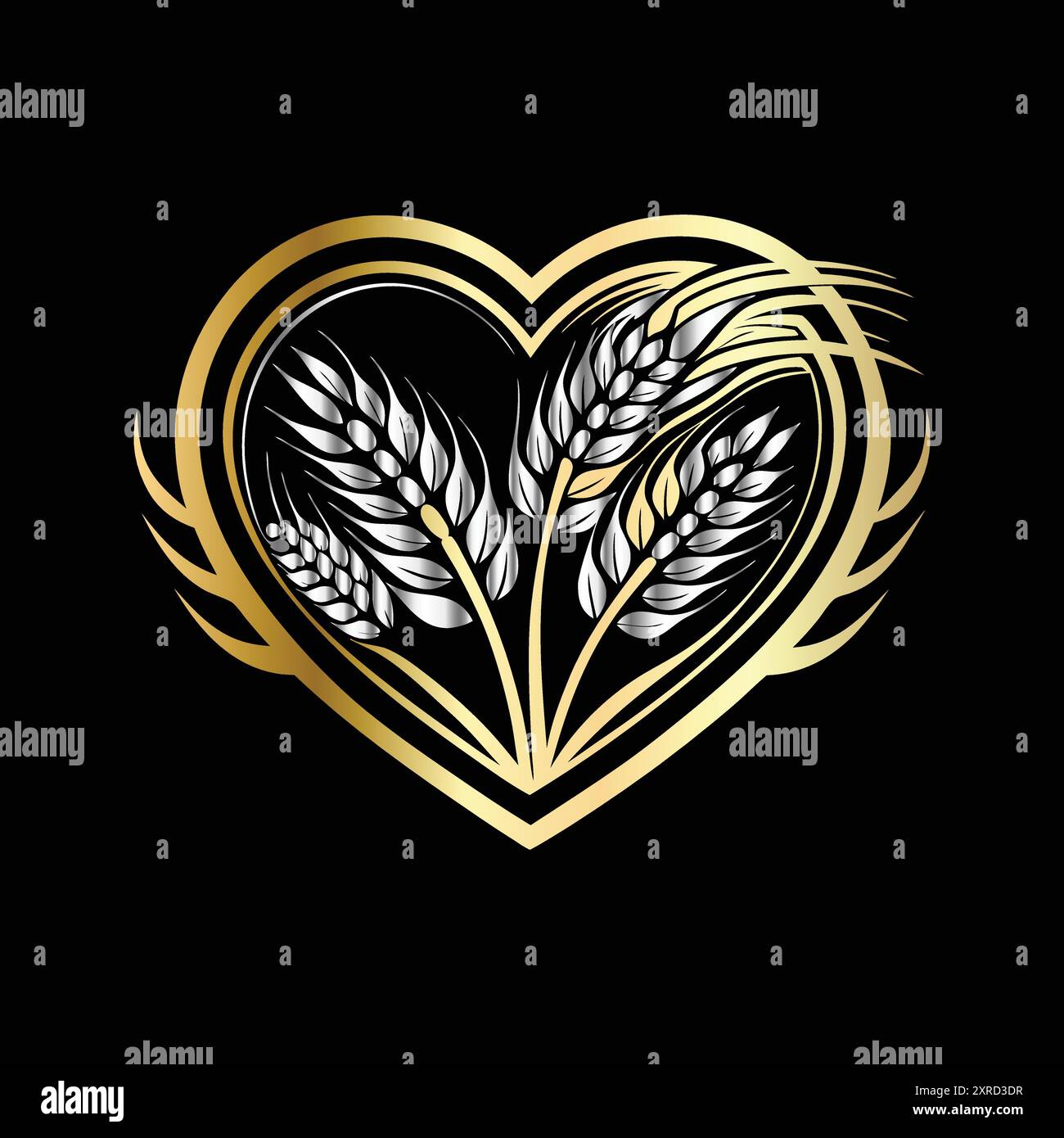 Gold and silver wheat heart on black background.Ears of wheat in a ...