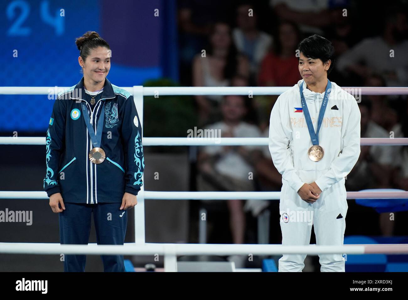 Bronze medalist Kazakhstan's Nazym Kyzaibay, left, poses during a ...
