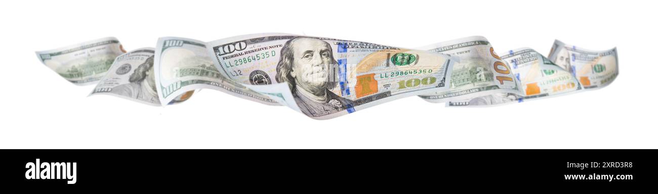 Set of Hundred Dollar Bills Floating Horizontal Row Isolated on White ...