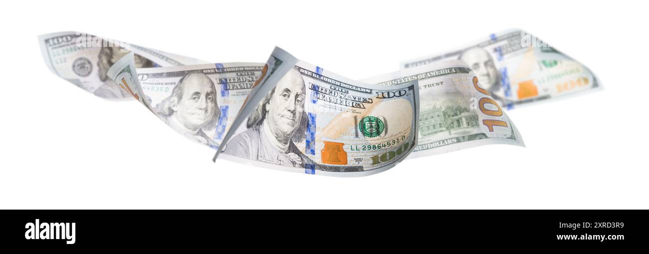 Set of Hundred Dollar Bills Floating Horizontal Row Isolated on White ...