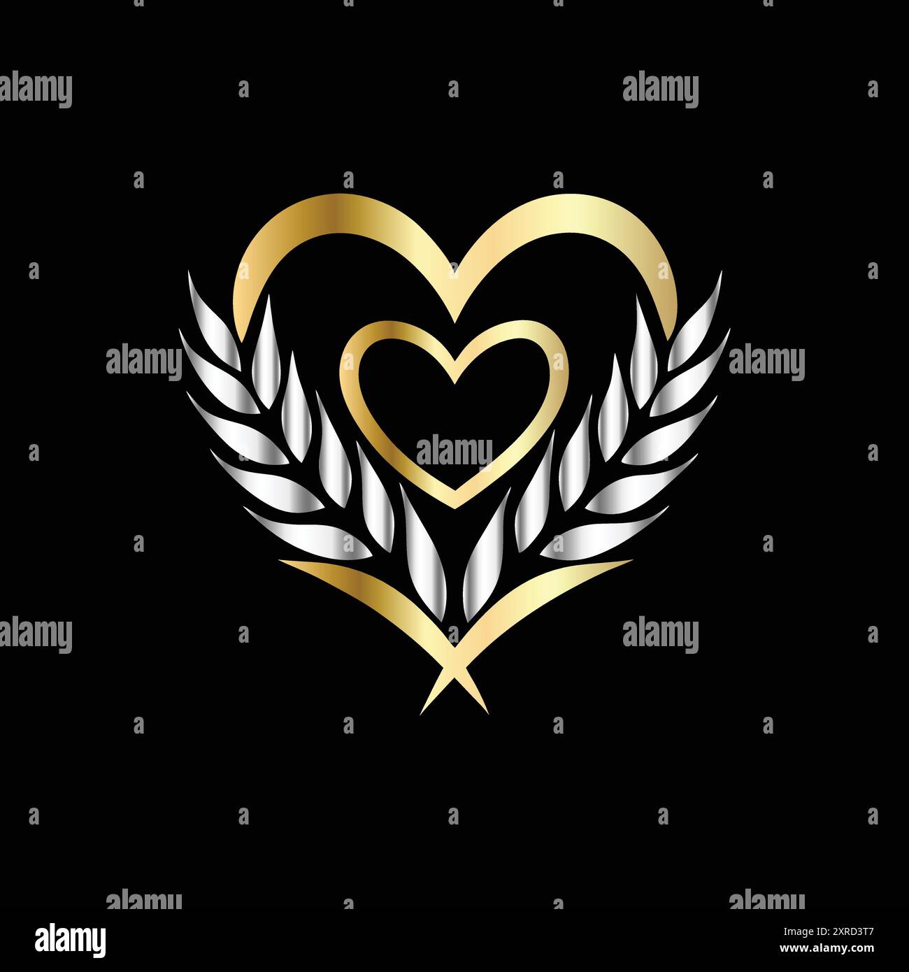 Gold and silver wheat heart on black background.Ears of wheat in a ...