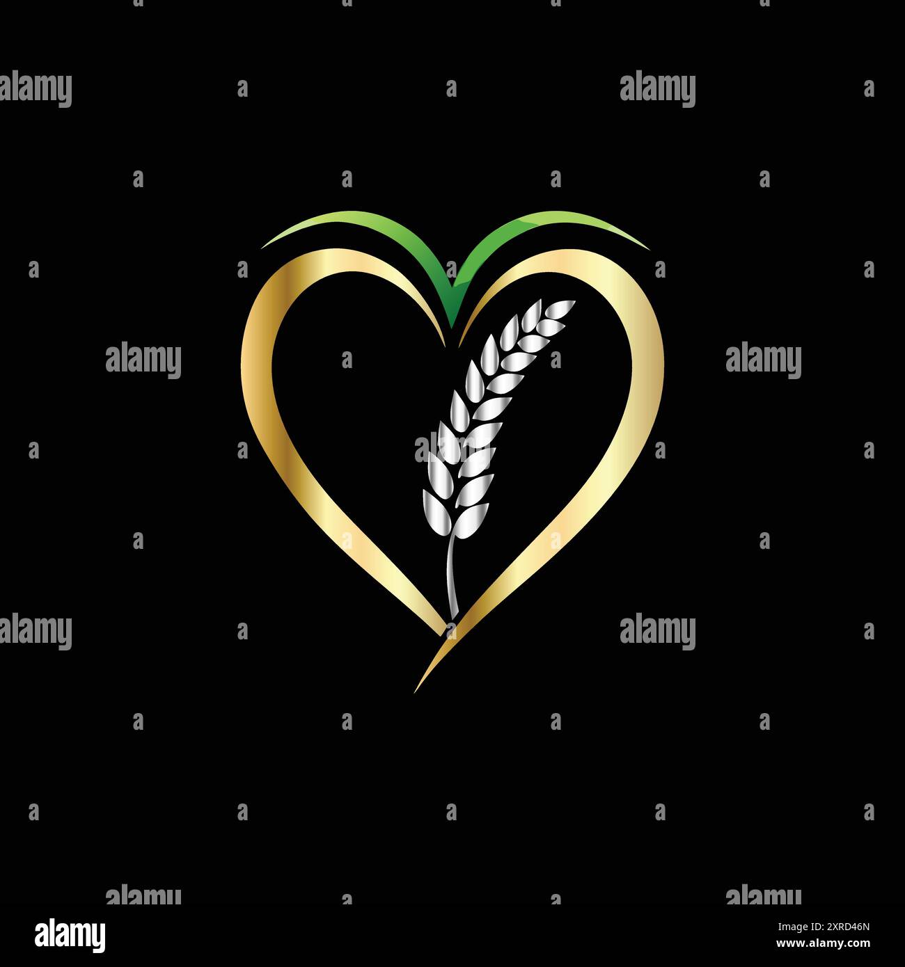 Gold and silver wheat heart on black background.Ears of wheat in a ...