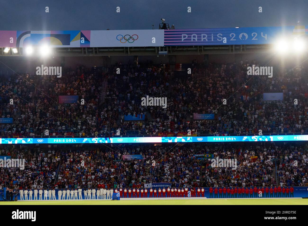 Paris, France. August 9, 2024. Gold medalists of Team Spain (C), Silver ...