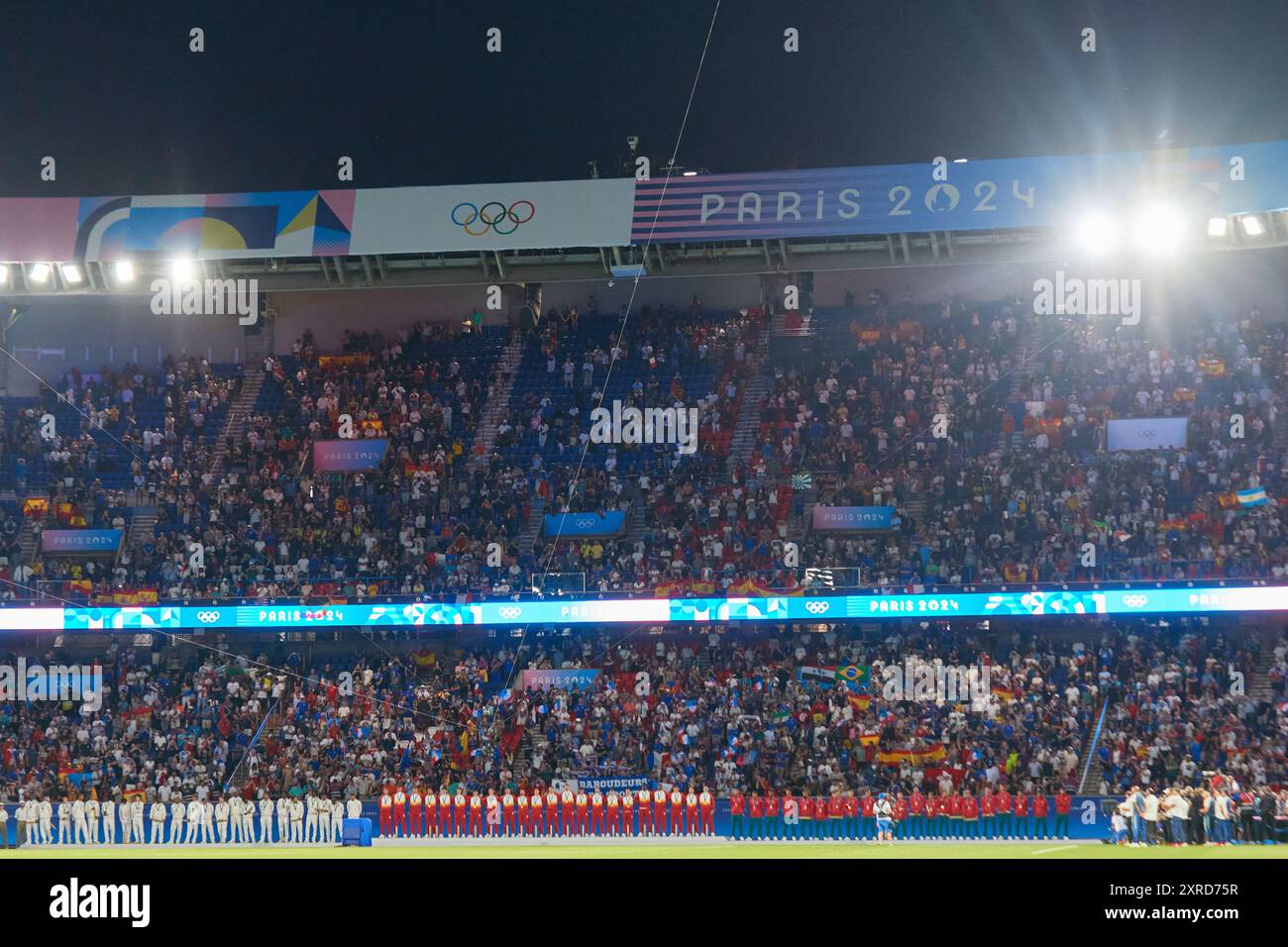 Paris, France. August 9, 2024. Gold medalists of Team Spain (C), Silver ...