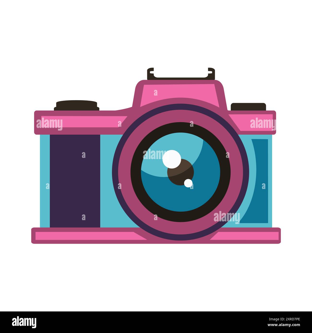 A vibrant, flat design illustration of a pink and purple camera with a ...