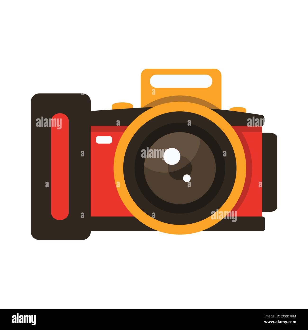 A stylized illustration of a camera with a beige body, large black lens ...