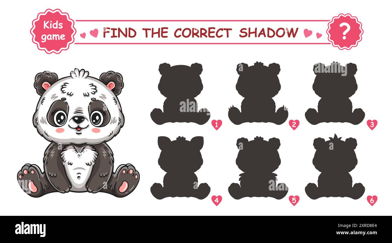 Cute baby panda bear animal, find correct shadow shape. Children ...