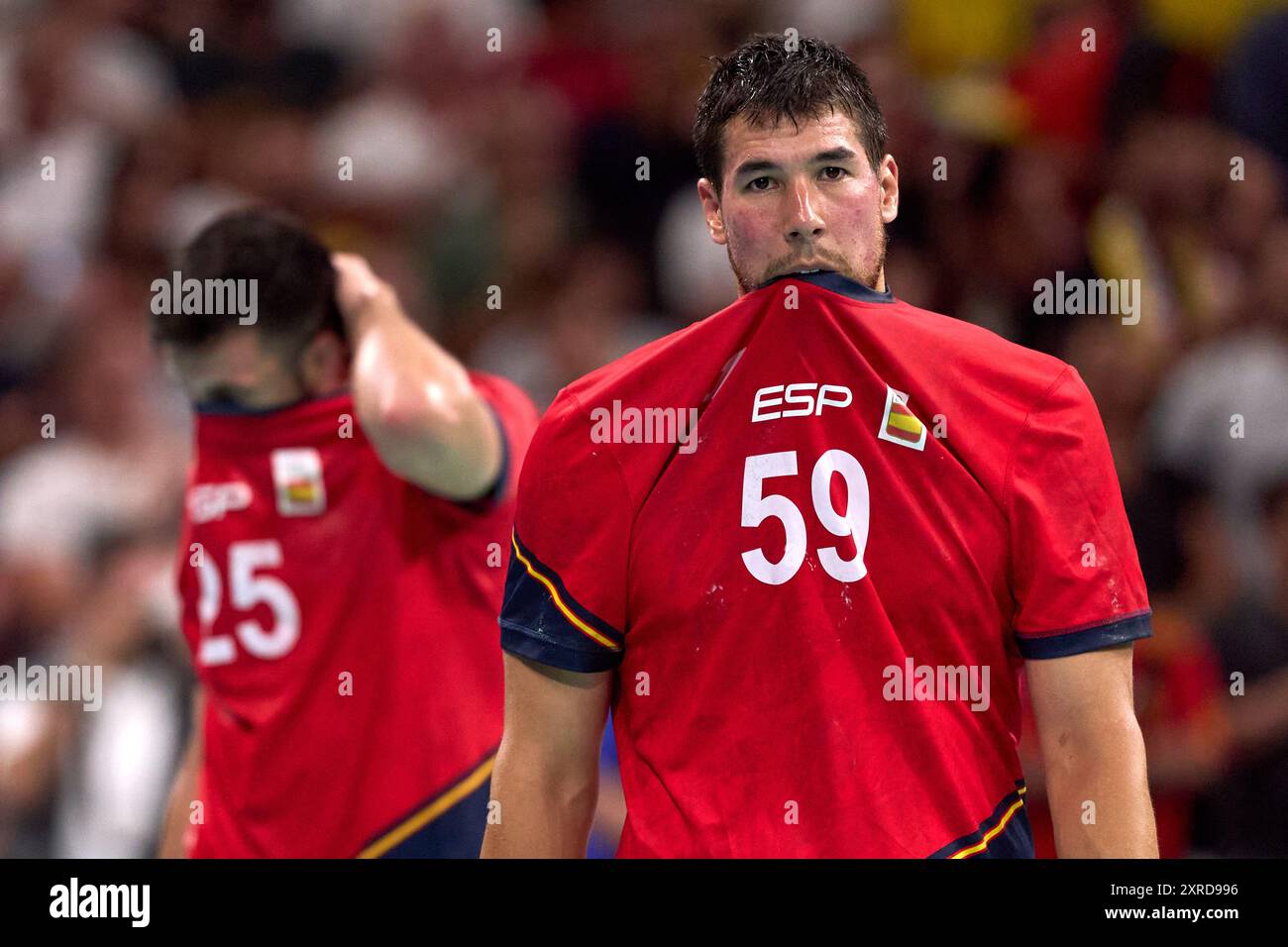 Lille, France. 9th Aug, 2024. Daniel Dujshebaev of Spain reacts after ...