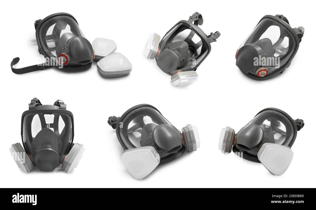 Respirator with replaceable filters isolated on white, collage Stock ...