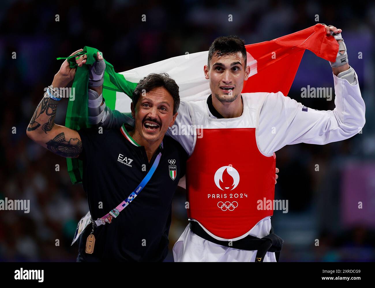 Paris, France. 9th Aug, 2024. Simone Alessio (R) of Italy celebrates ...