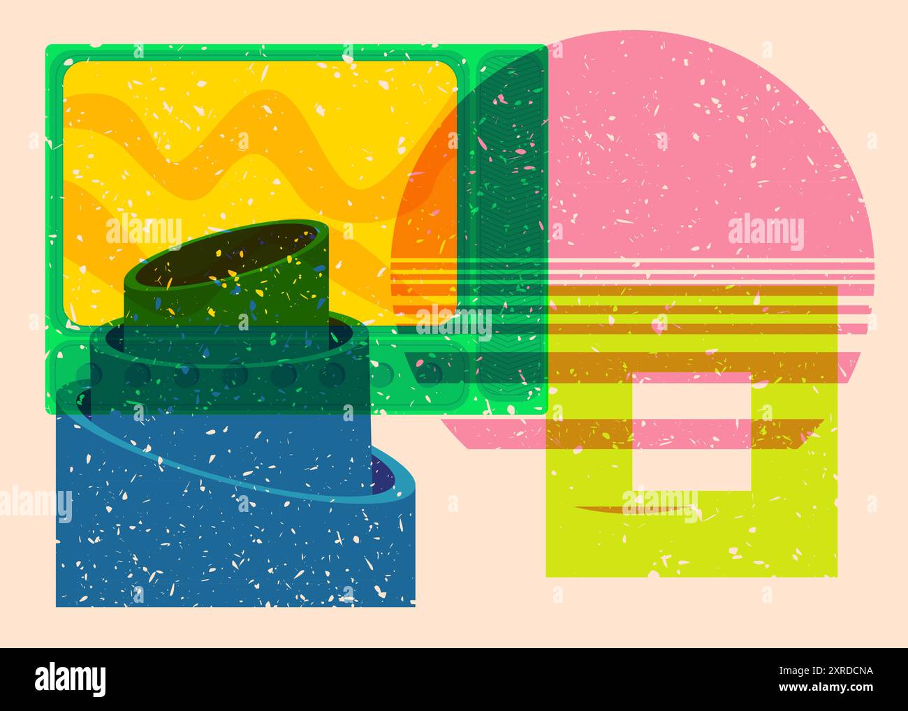 Risograph Television with geometric shapes. Objects in trendy riso ...