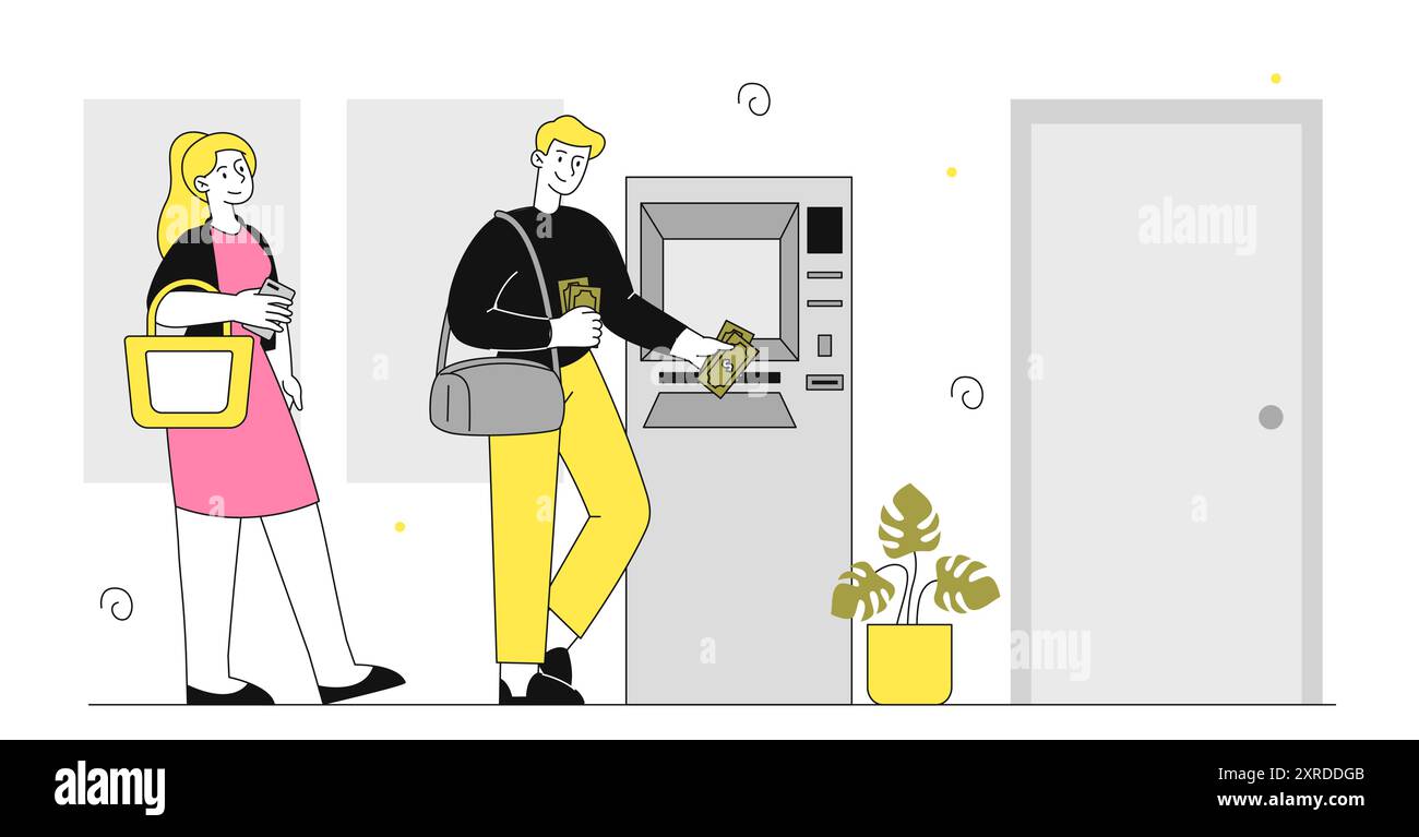 Queue at ATM. Man and woman withdraw cash or top up their account. Clients at bank. Cashless ...