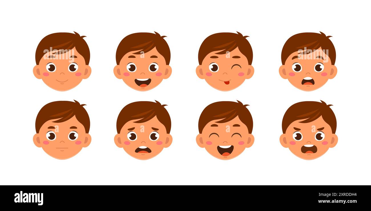 Boy on wheelchair constructor. Schoolboy with different emotions and ...