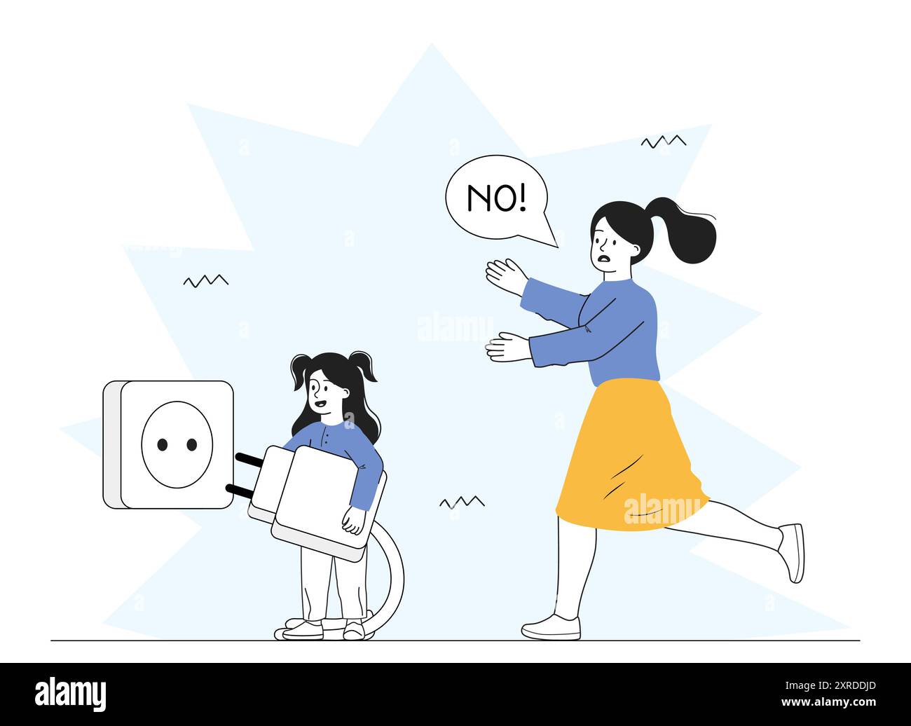 Child with electrical socket. Mother tries to stop her daughter putting ...