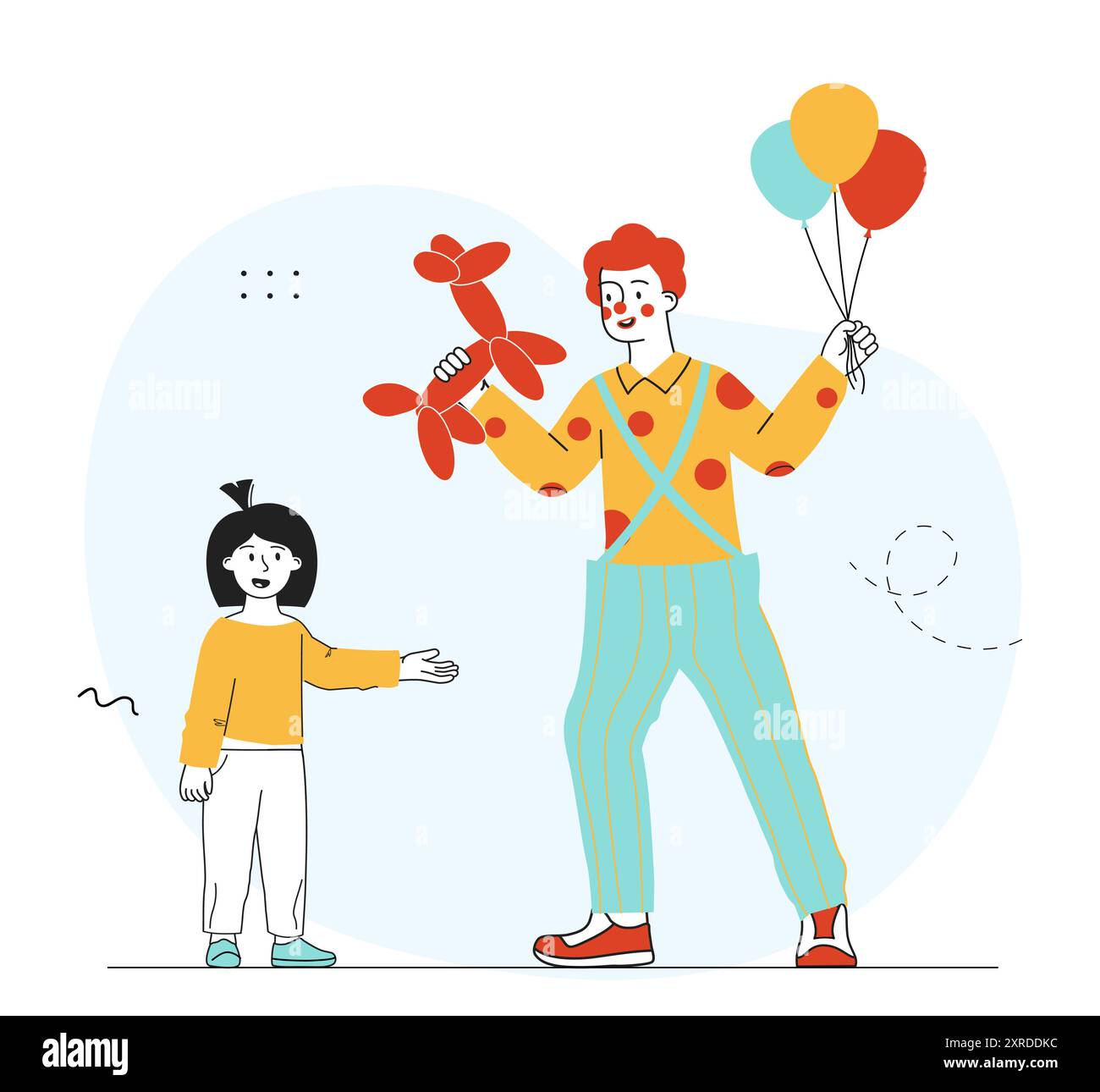 Girl at clown show. Man with red nose makes animals out of balloons and ...