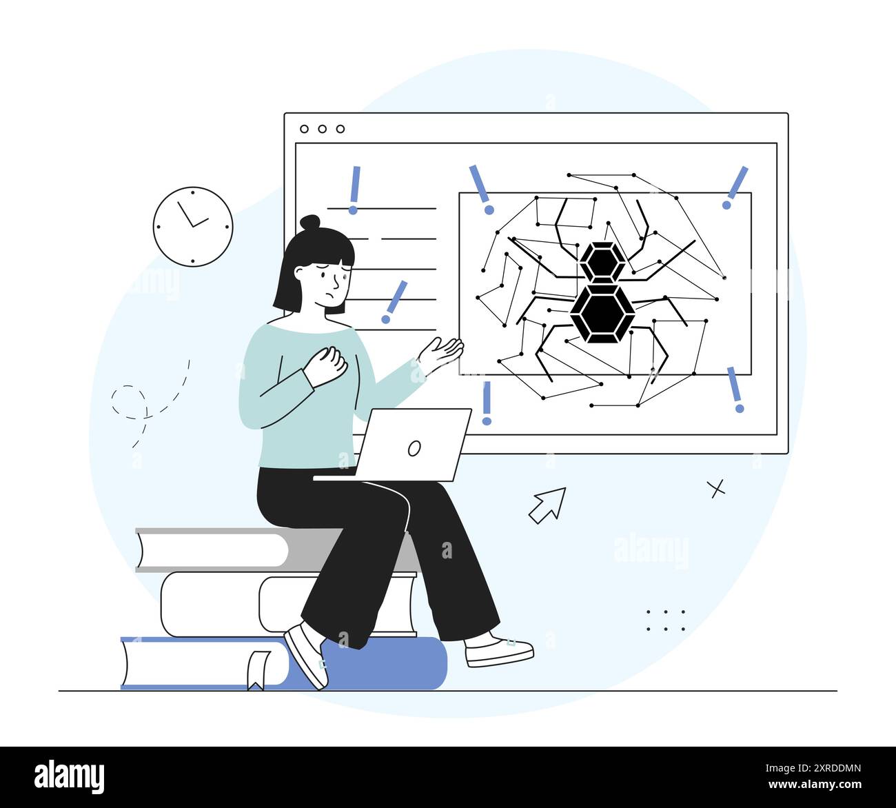 Woman with computer virus. Sad young girl with bug on laptop screen ...