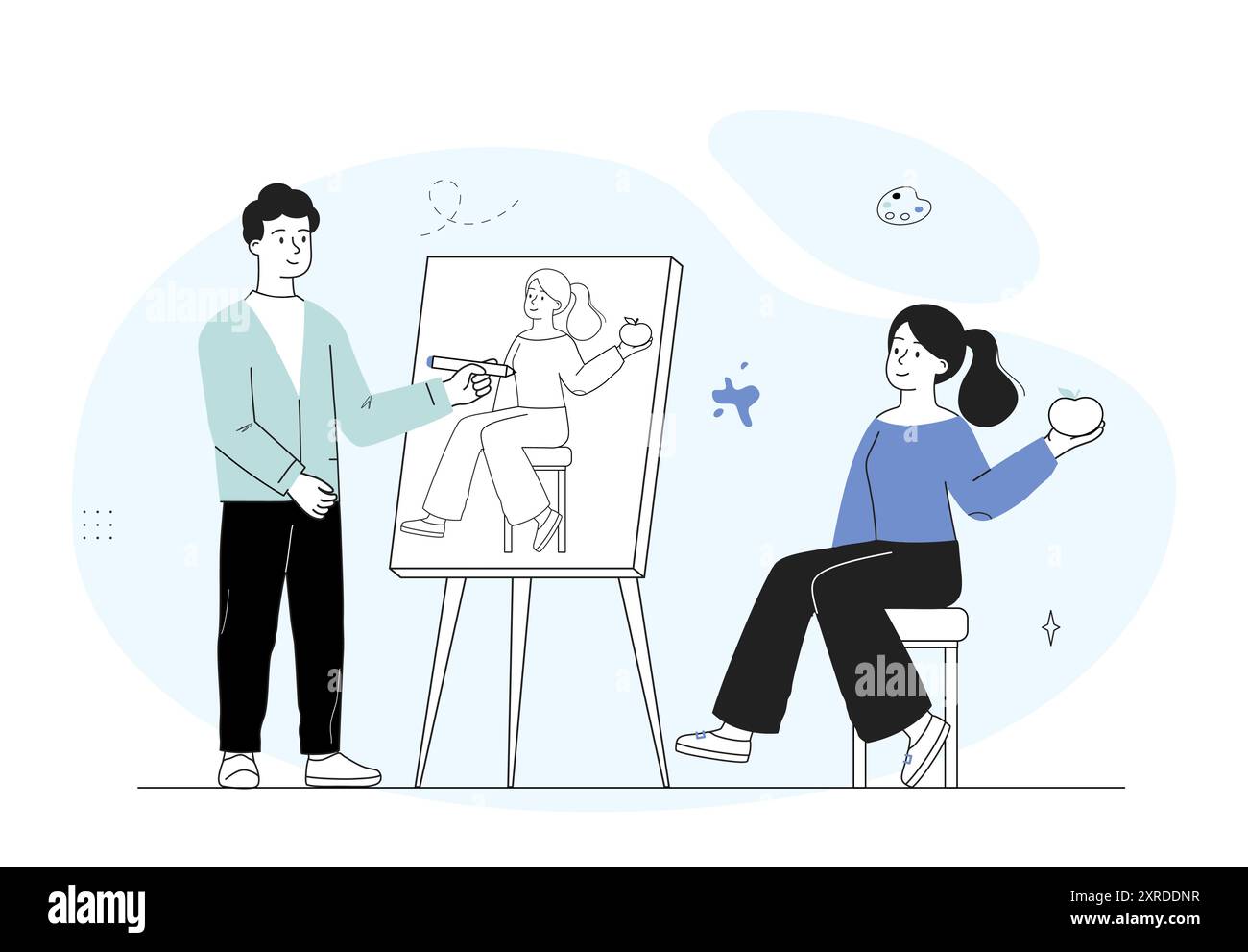 Man draws woman. Young guy with brush paints posing girl on canvas ...