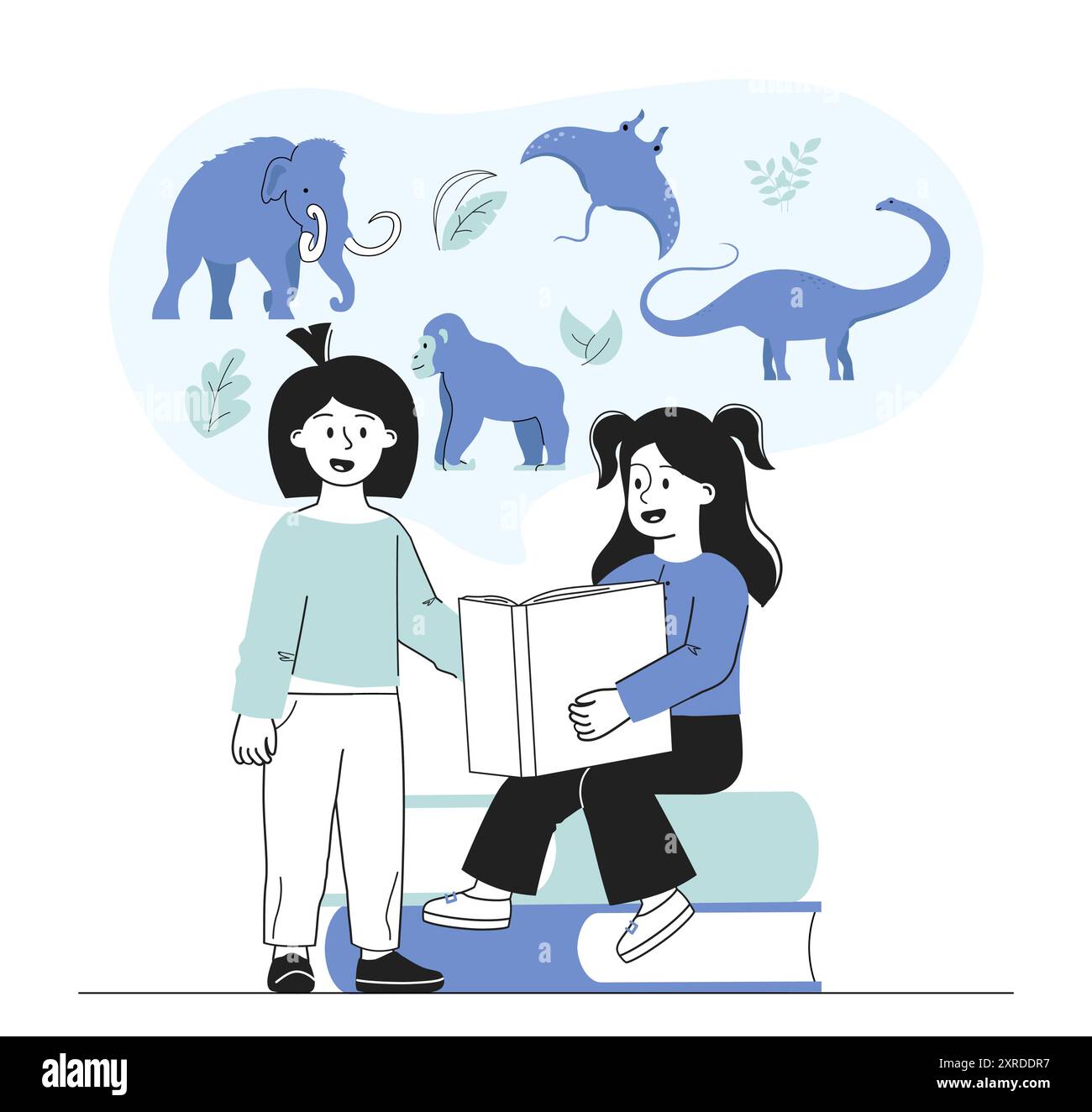 Girls with encyclopedia. Kids with book read about animals. Dinosaur ...