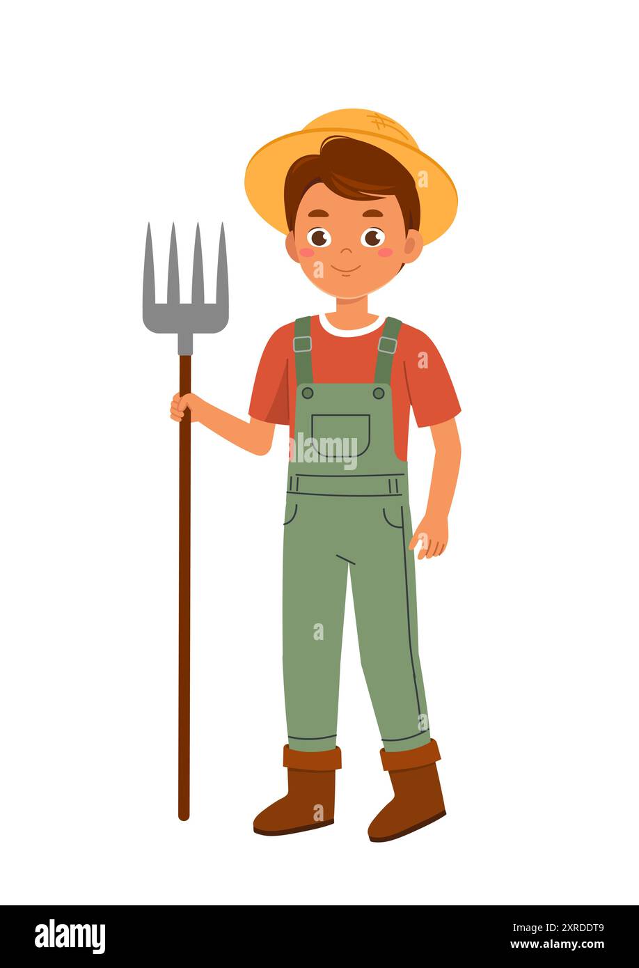 Farmer boy with rake. Young guy in overall with farming equipment ...