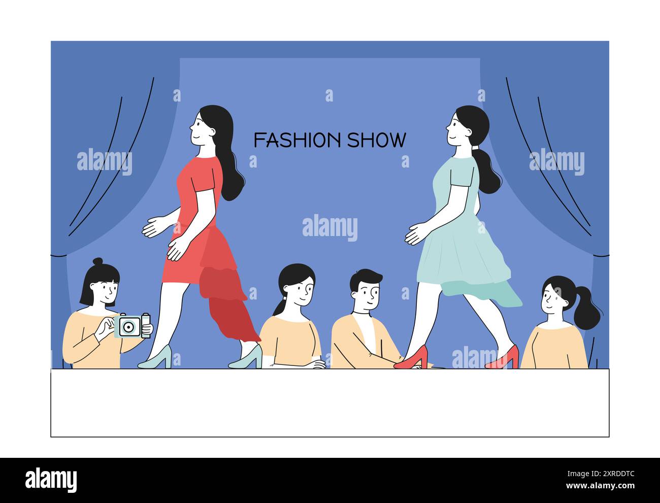 Fashion show women. Young girls in red and green dresses pose on stage ...