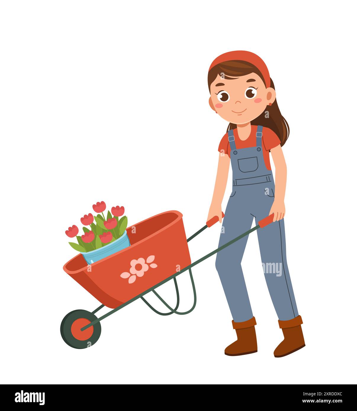 Farmer girl with cart. Woman in overall with barrow with flowers ...