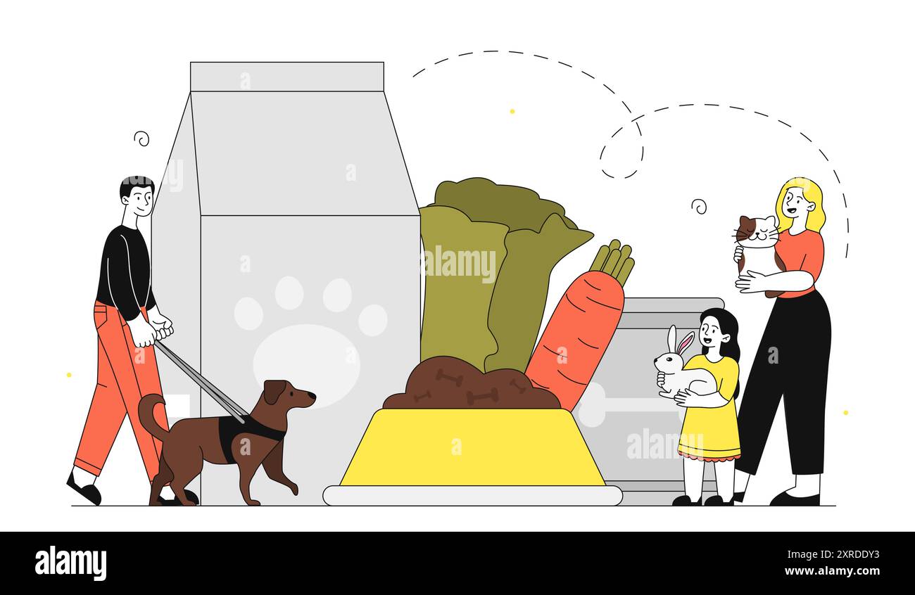 People with animal food. Man with dog, woman with cat and young girl ...