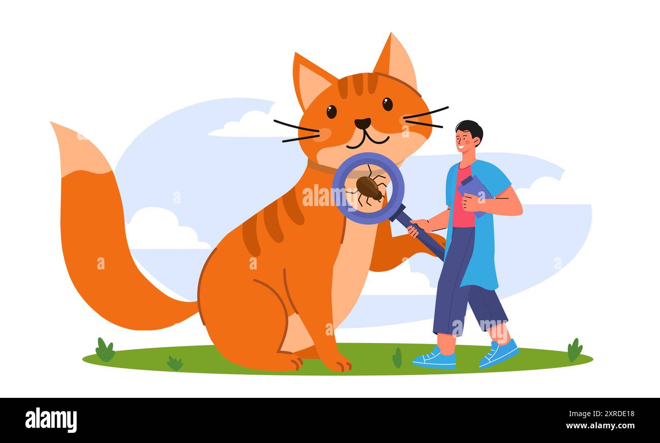 Cat with fleas. Man in medical uniform with magnifying glass finds ...
