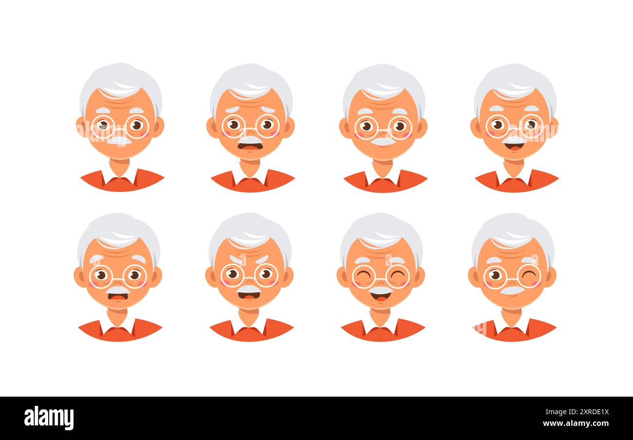 Old man constructor. Grandfather with different emotions and feelings ...