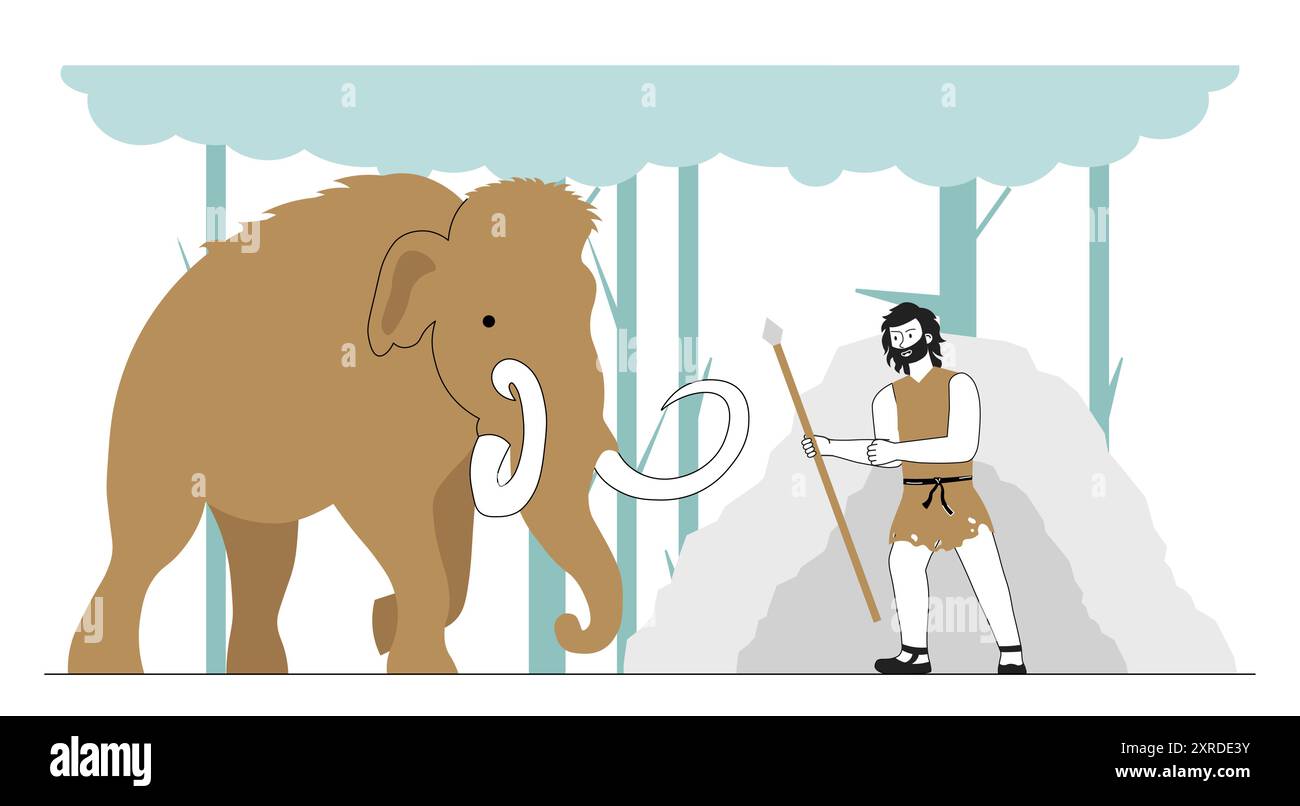 Man hunting mammoth. Guy with spear attacks large predator. Prehistoric ...