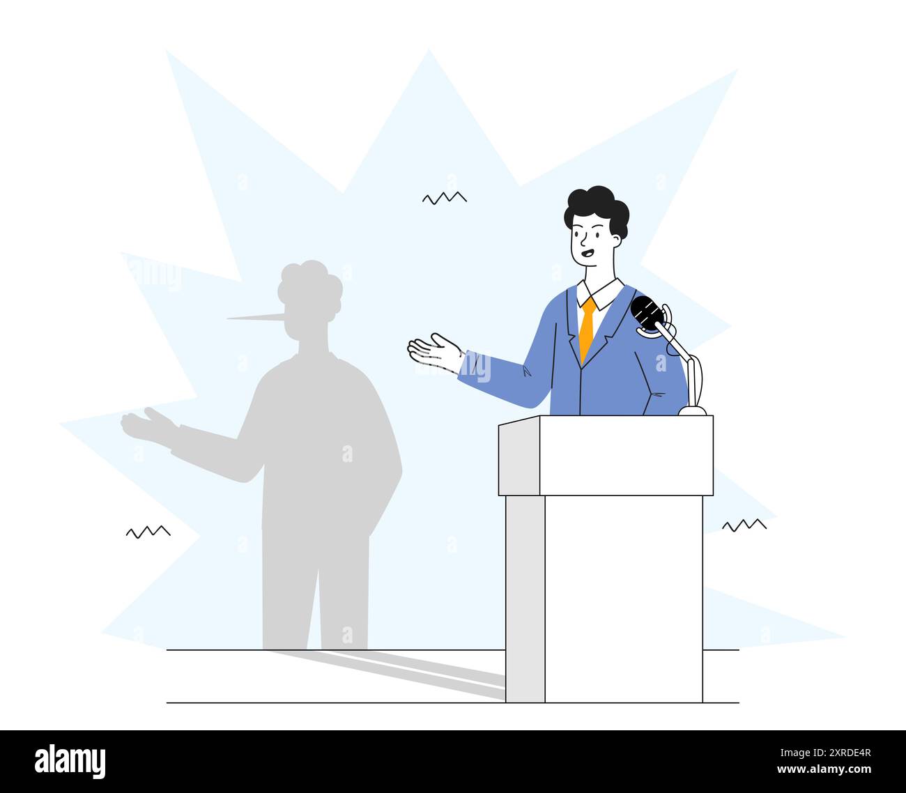Public speaker liar. Man behind stand with microphone, casting shadow ...