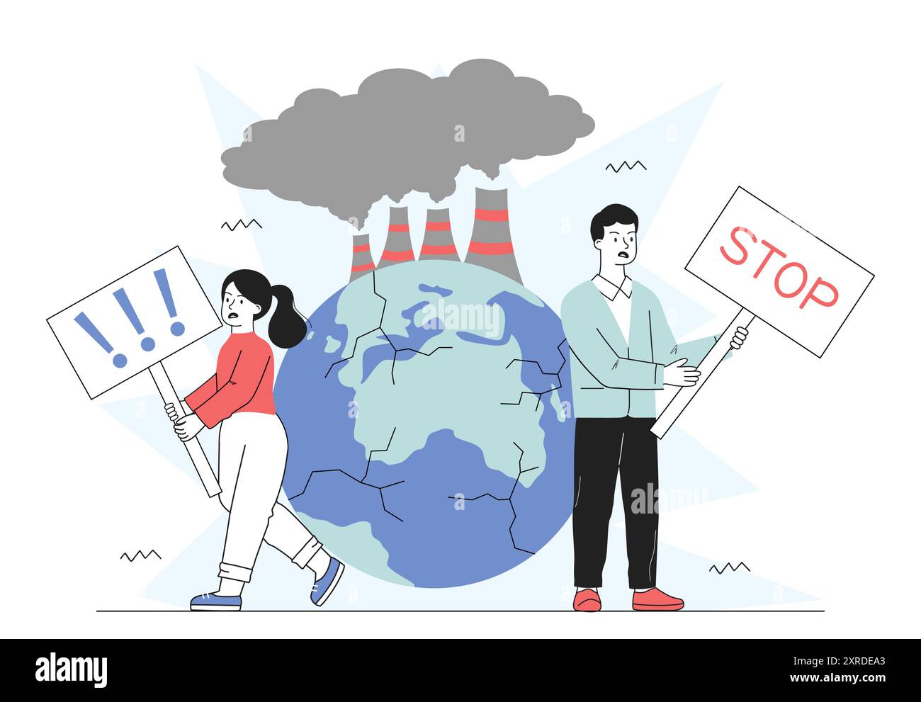 Stop pollution of planet. Man and woman with placards against backdrop ...