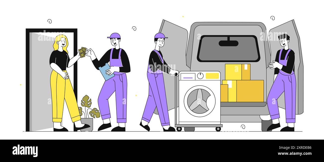 Loaders deliver washing machine. Men in uniform load household ...