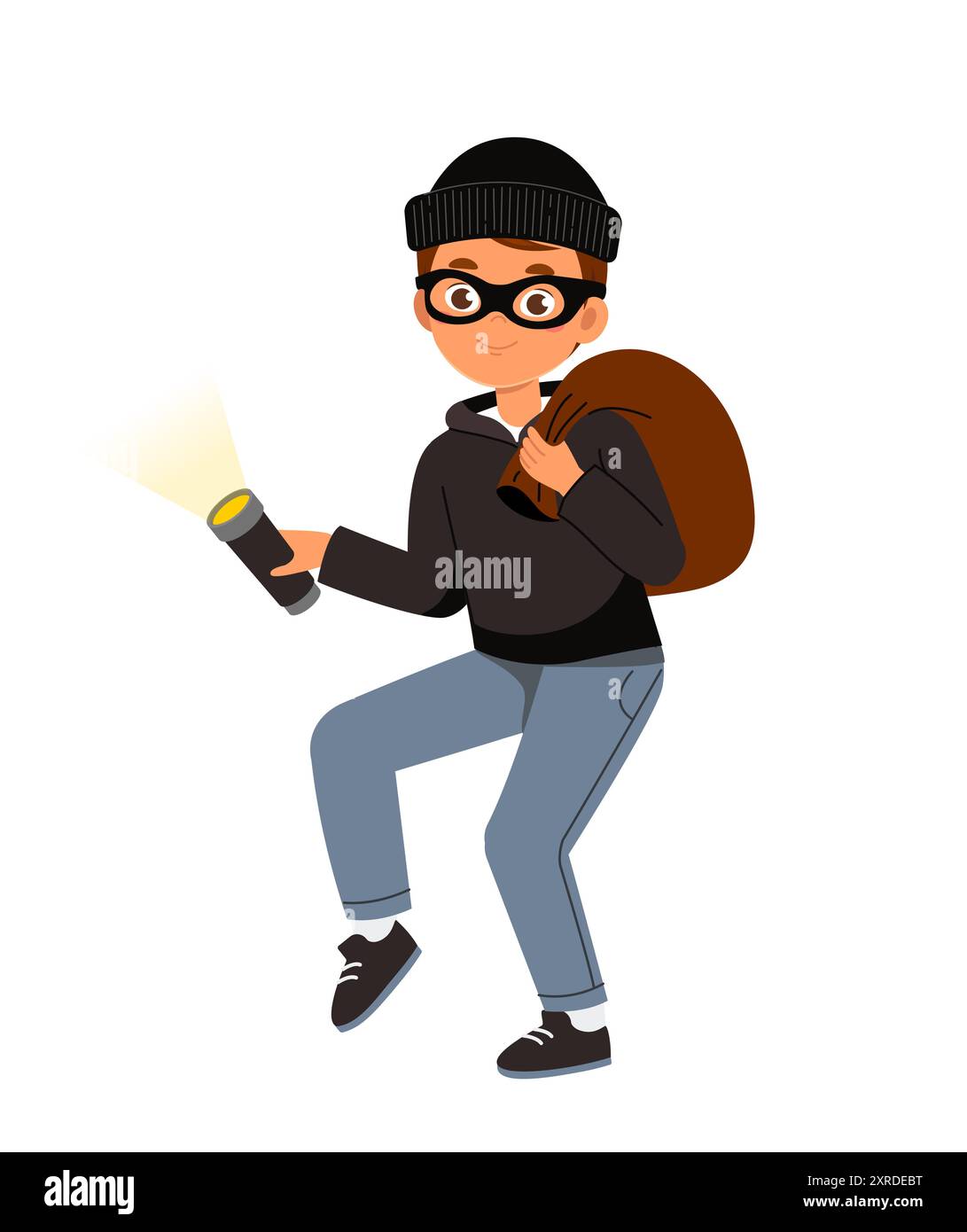 Robber man with bag. Young guy in mask and hat with flashlight and bag ...