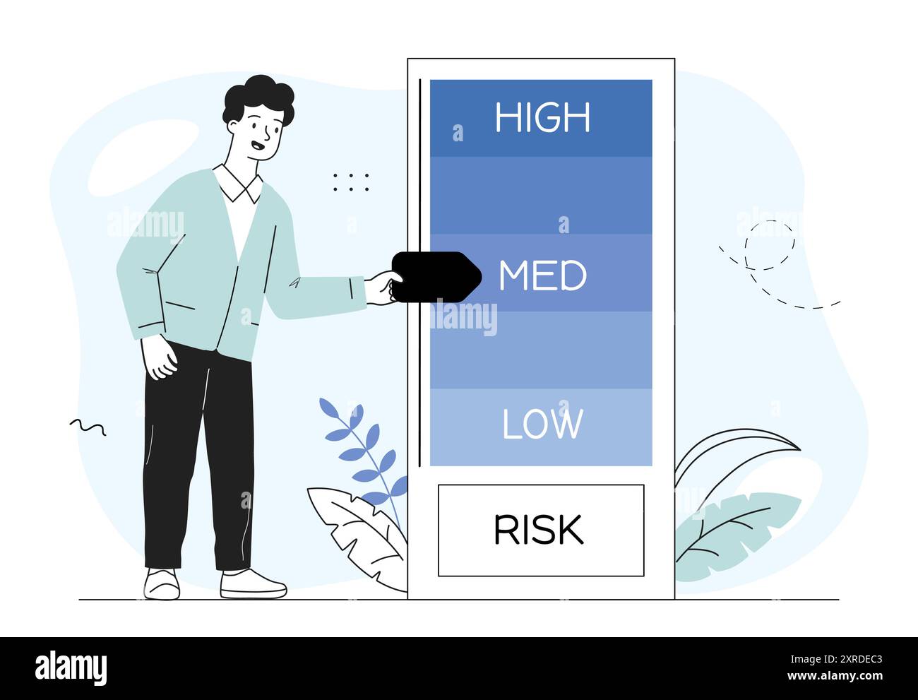Man with risk management. Young guy assesses risk of investment or ...