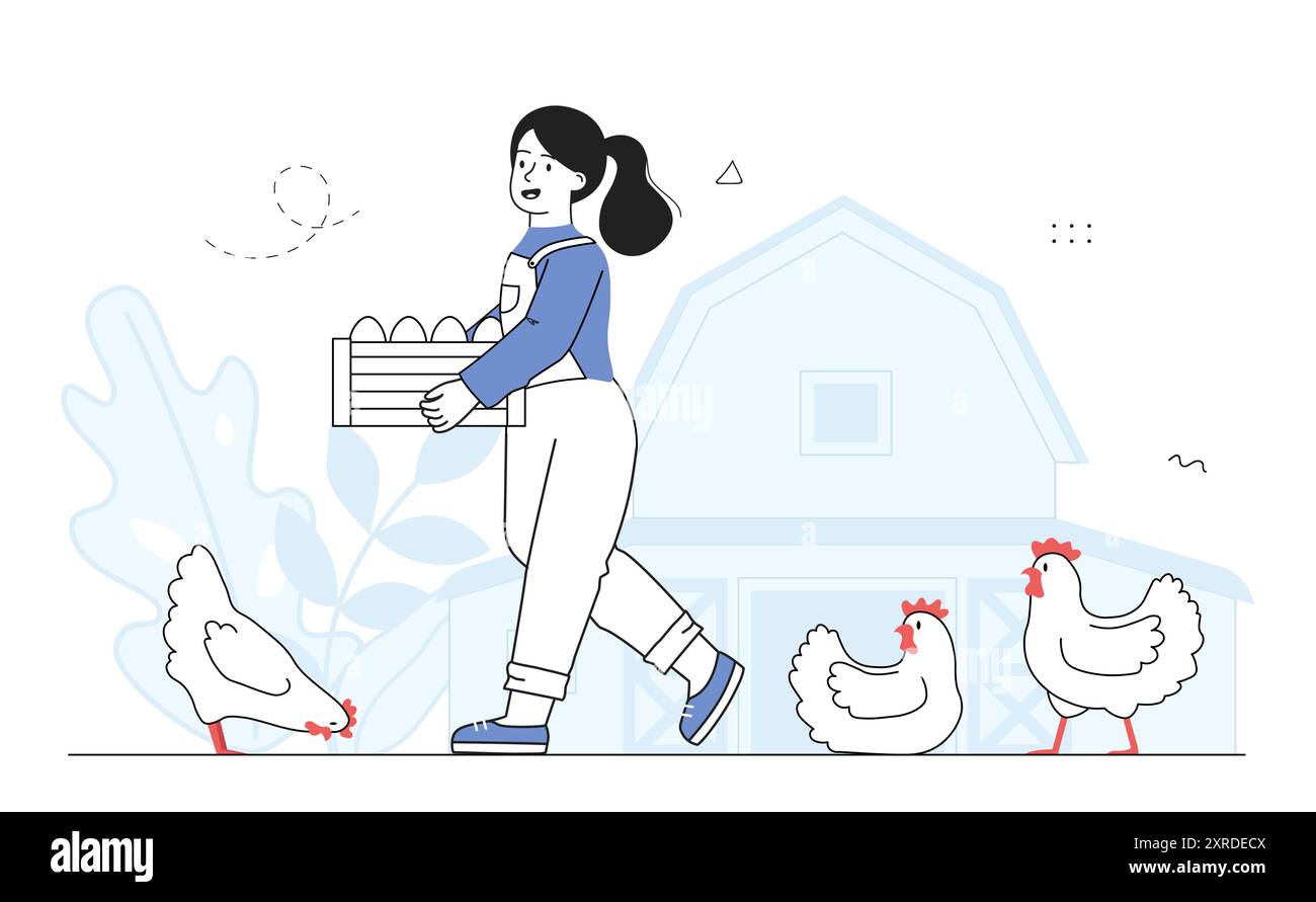 Woman at poultry farm. Young girl feeds chickens and roosters. Farmer ...