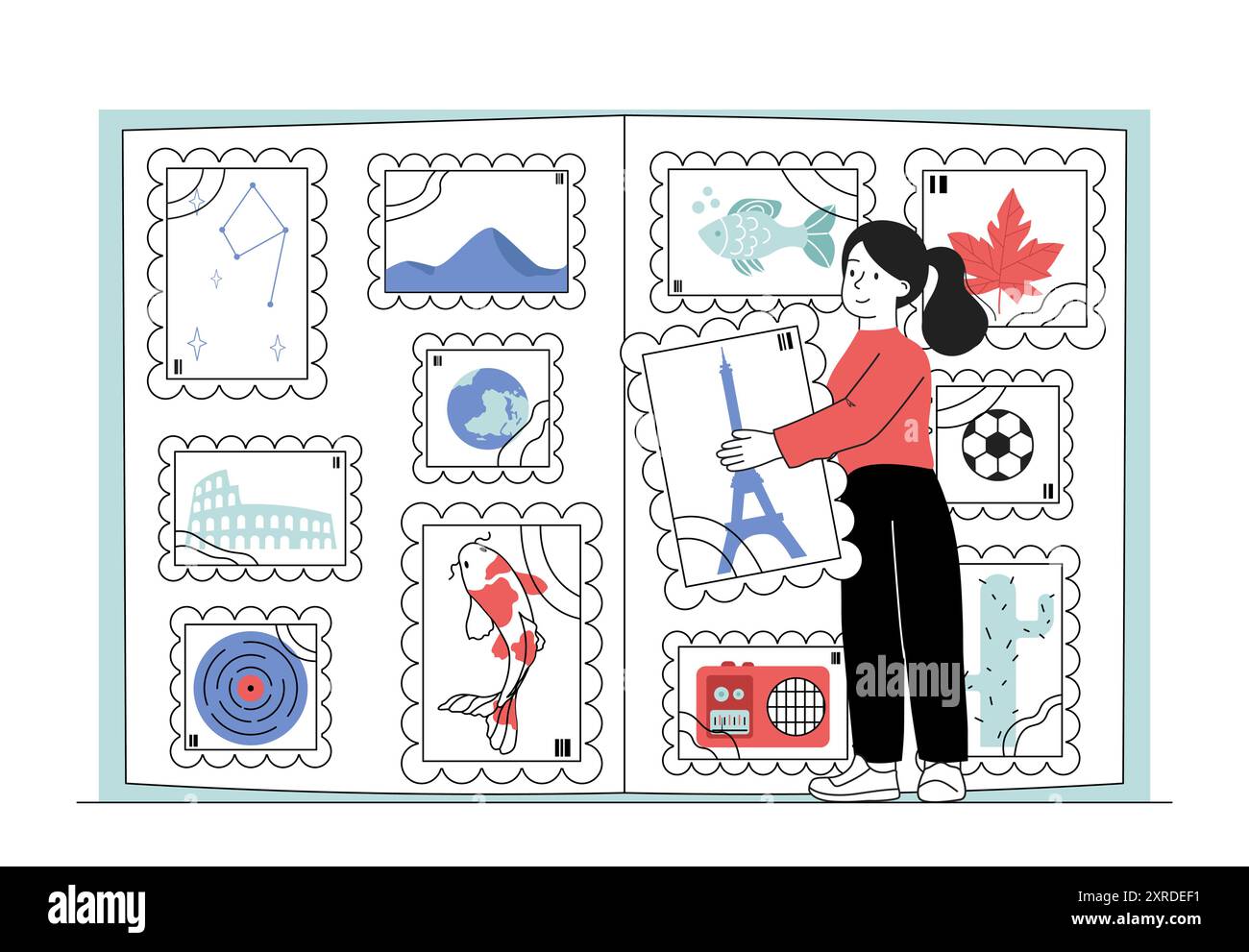 Woman collecting stamp. Young girl pastes postage stamps into book ...