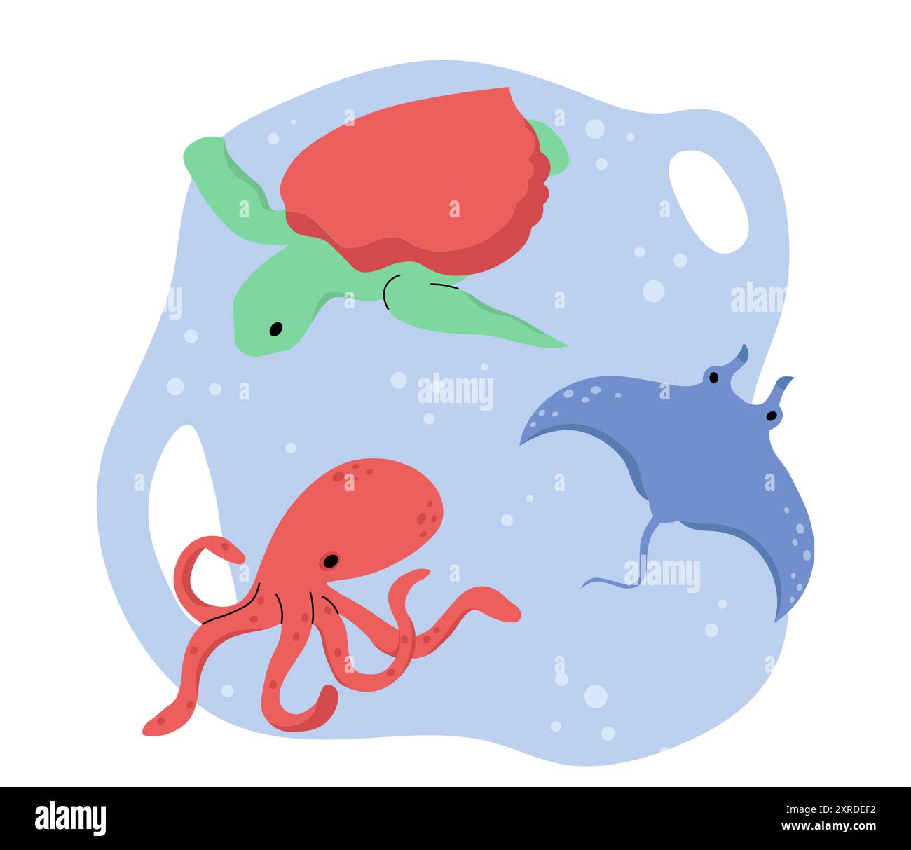 Sea animals set. Stingray, turtle and octopus underwater. Wildlife and ...