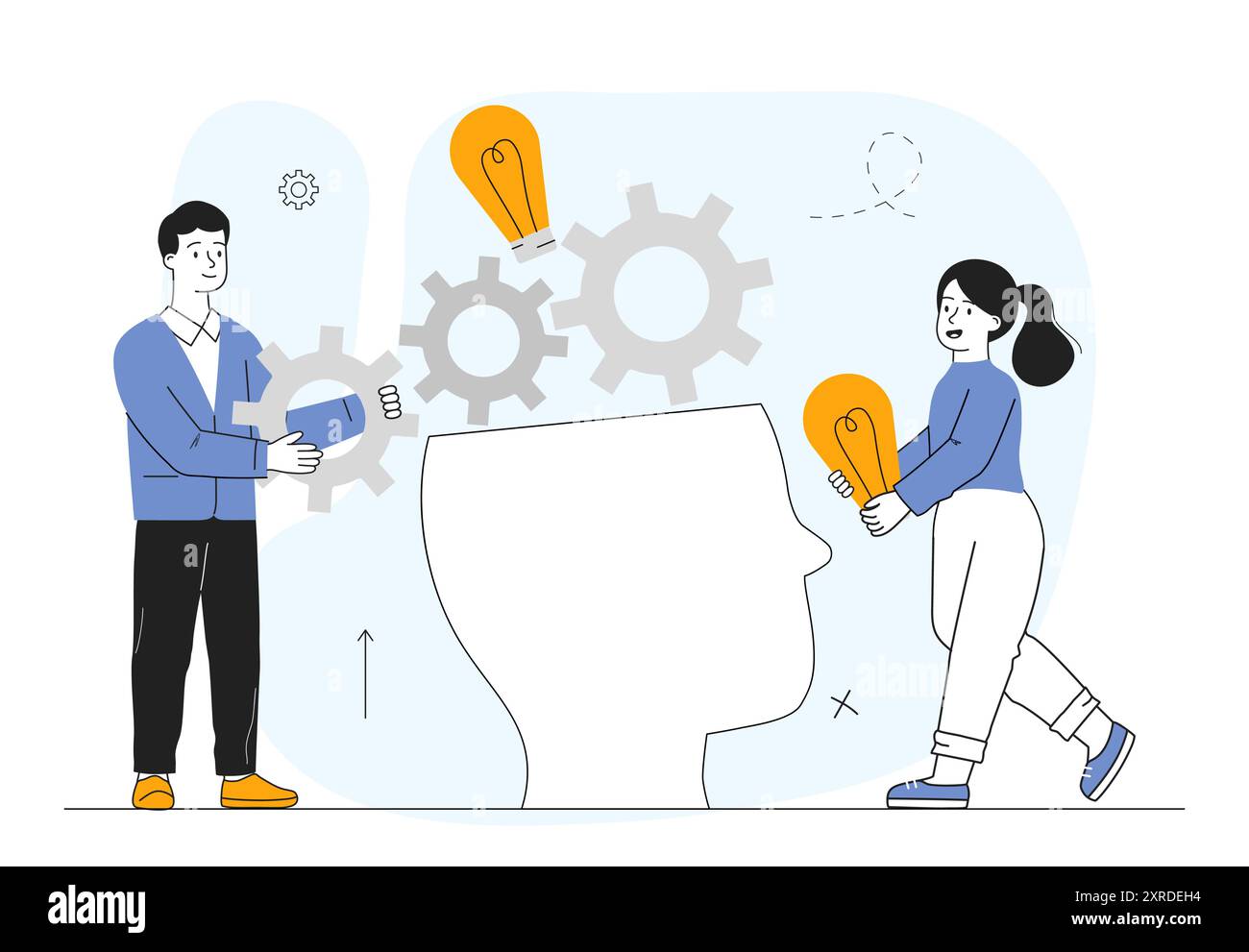 Strategic project management. Man and woman with coghweels and light ...