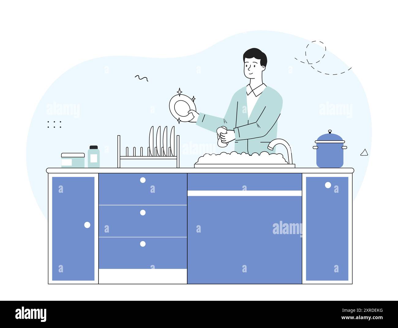 Man washing dishes. Young guy in kitchen wipes dishes. Cleanliness and ...