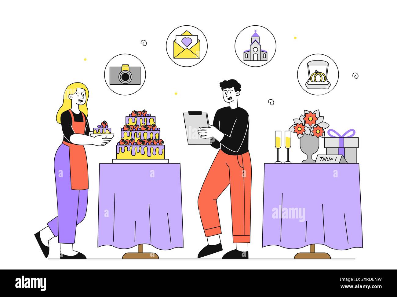 Wedding planning concept. Man and woman with cake, champagne, rings and ...