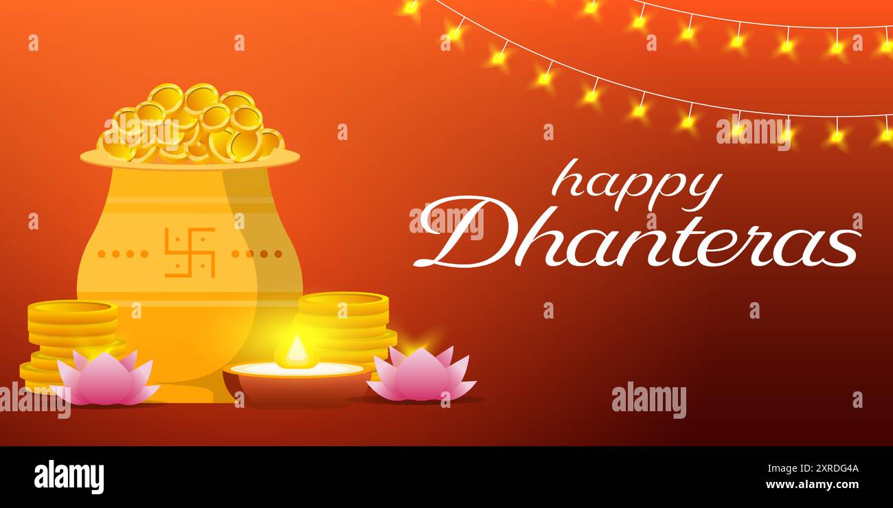 happy dhanteras hindu festival horizontal banner illustration Stock ...