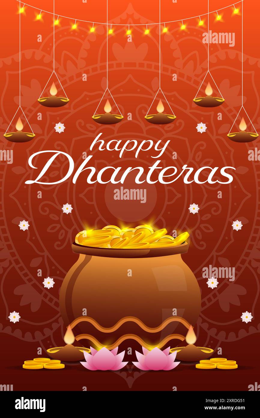 happy dhanteras hindu festival vertical banner illustration Stock ...