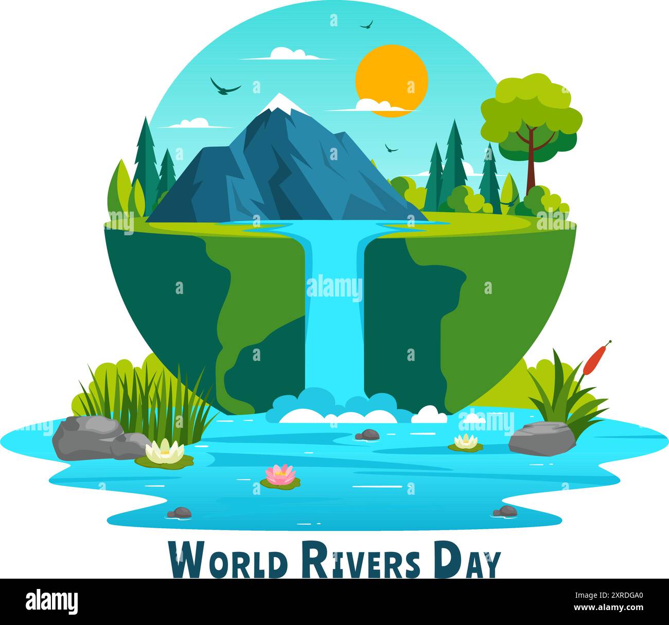 Vector Illustration of a River Landscape with Mountain Views, Green ...